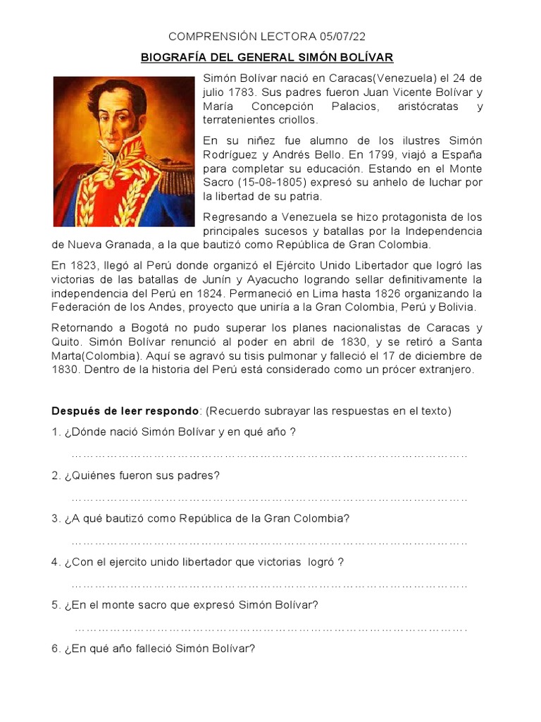 COMPRENSIÓN LECTORA Simón Bolivar | PDF | Historia