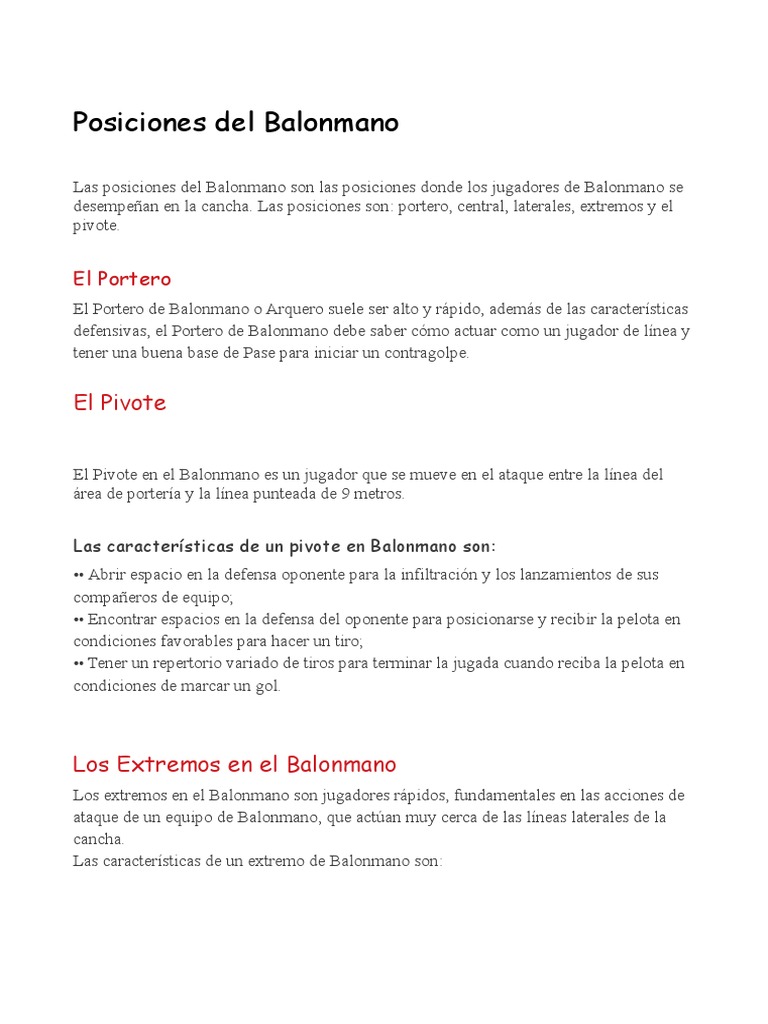 Las principales posiciones en el balonmano y sus características | PDF