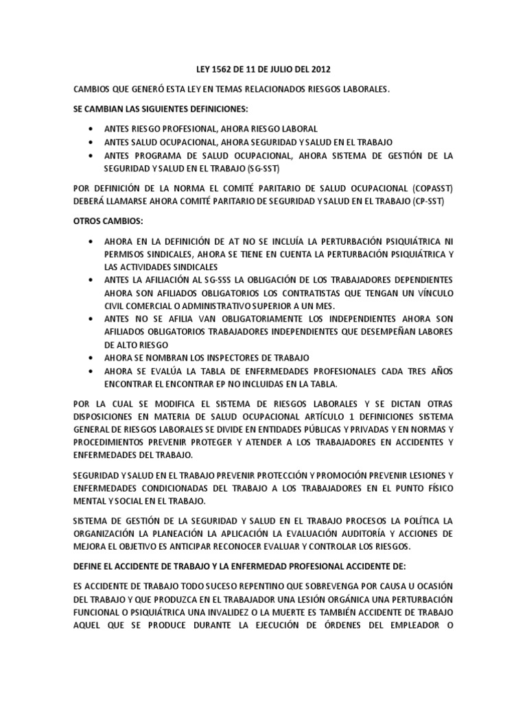 Cambios en Riesgos Laborales Ley 1562 | PDF