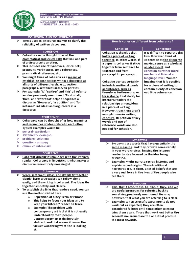 Cohesion and Coherence 2.1 | PDF | Word | Discourse