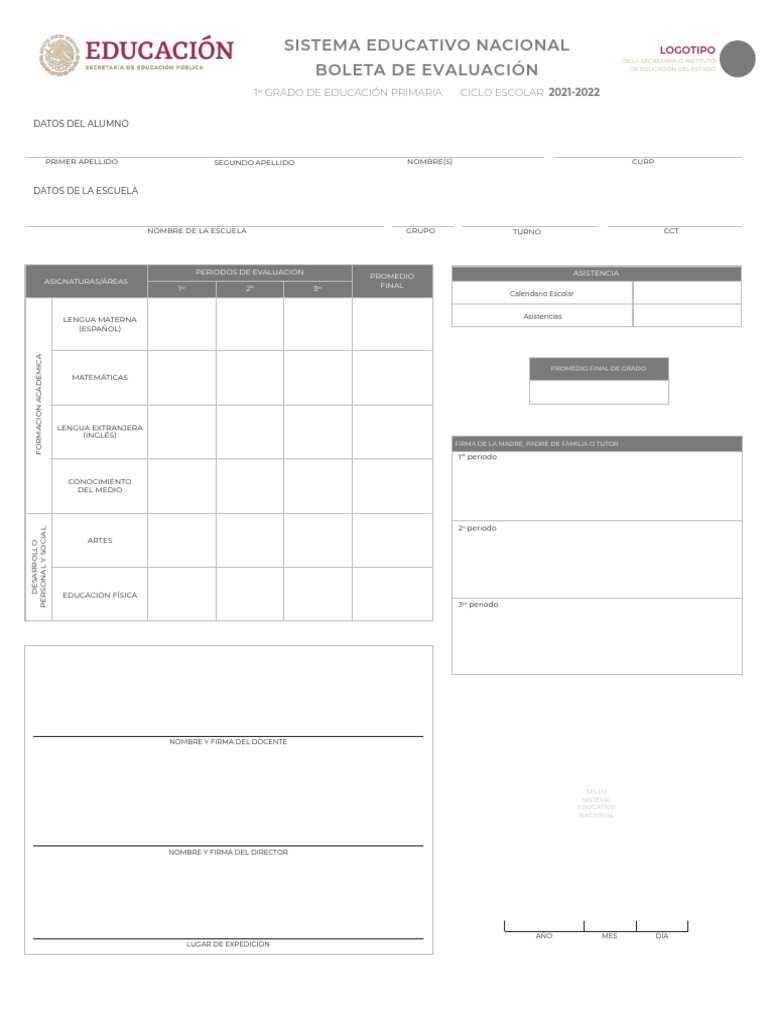 Boleta de Evaluación 1 Er Grado MEX | PDF