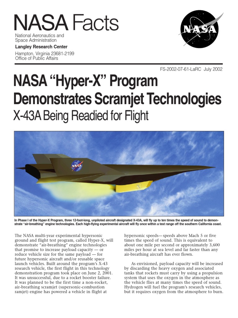 NASA Facts NASA Hyper-X Program Demonstrates Scramjet Technologies 2002 ...