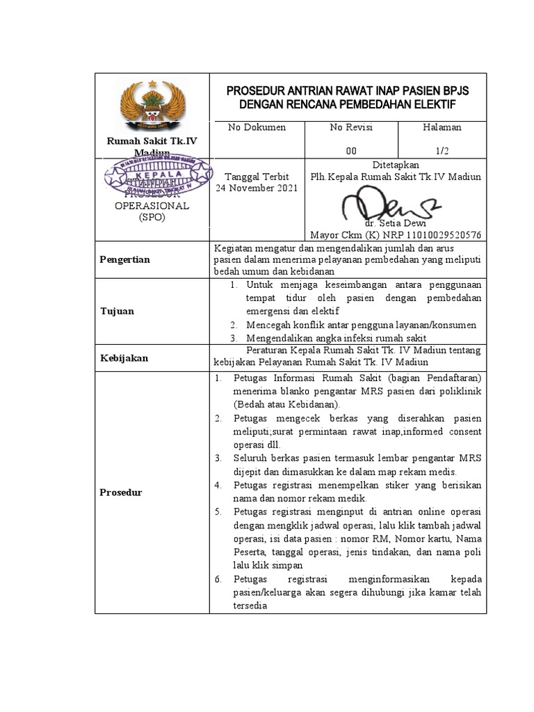 Sop Antrian Rawat Inap Pasien BPJS Dengan Rencana Pembedahan Elektif | PDF
