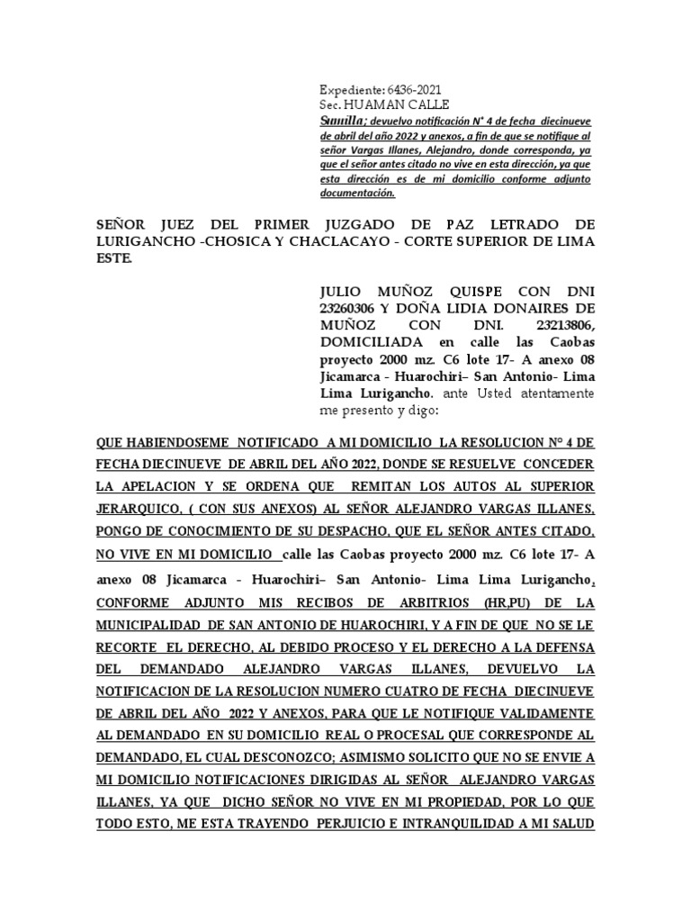 Devolucion de Cedula de Notificacion Silvia Vecina de Los Olivos | PDF | Justicia | Crimen y ...