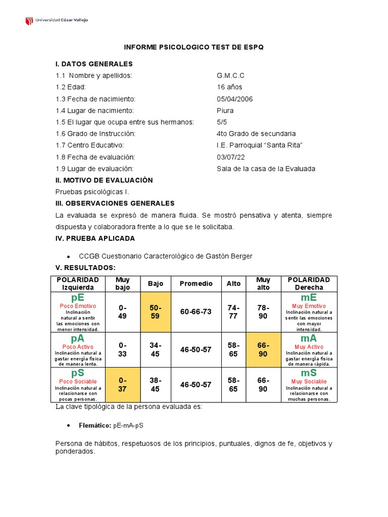 Informe Psicologico Test de CCGB | PDF | Sicología