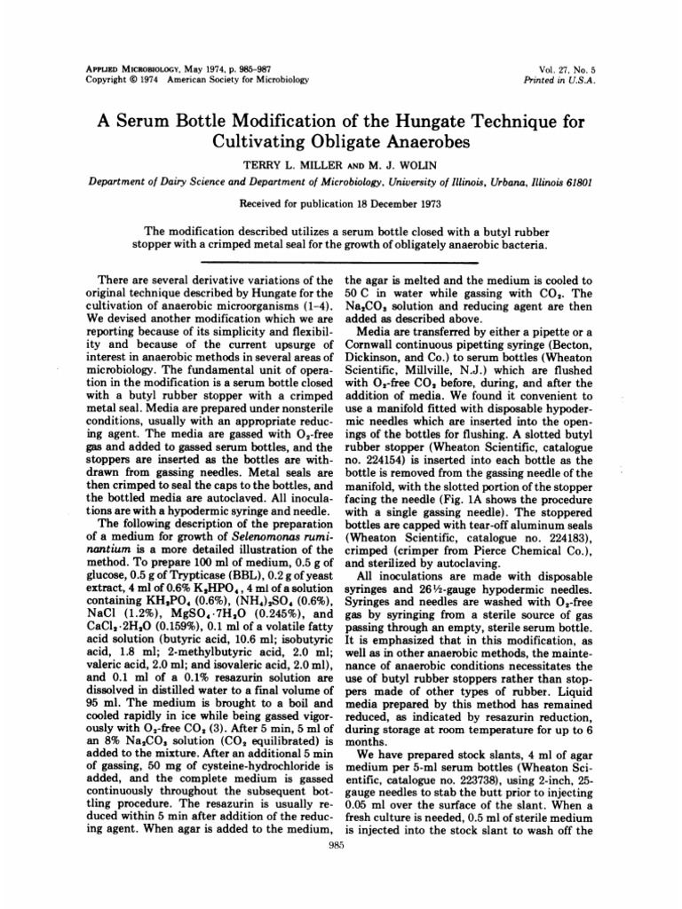 Culturing of Anaerobic Microbes Using Hungate Technique | PDF | Growth ...