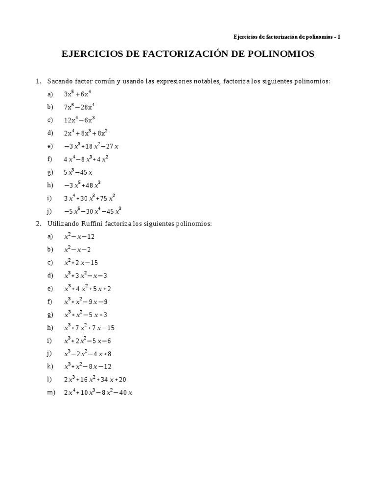 Ejercicios de Polinomios - Factorizacion | PDF | Factorización | Álgebra