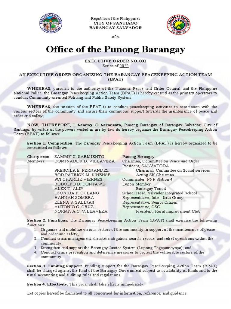 Executive Order No. 001 S. 2022 - ORGANIZING THE BPAT | PDF ...