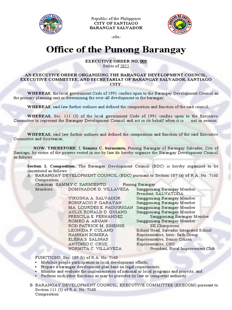 Executive Order No. 003 S. 2022 - ORGANIZING THE BARANGAY DEVELOPMENT ...