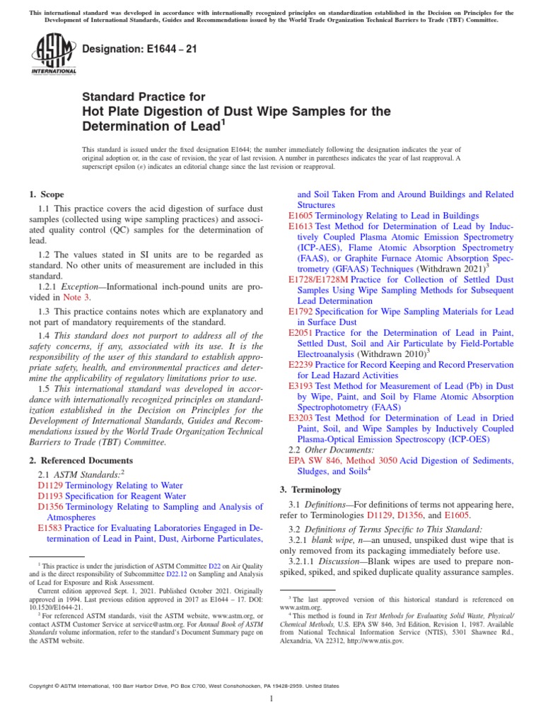 Standard Practice For Hot Plate Digestion of Dust Wipe Samples For The ...