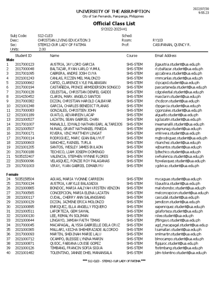 Class List for STEM12-CLE3 | PDF