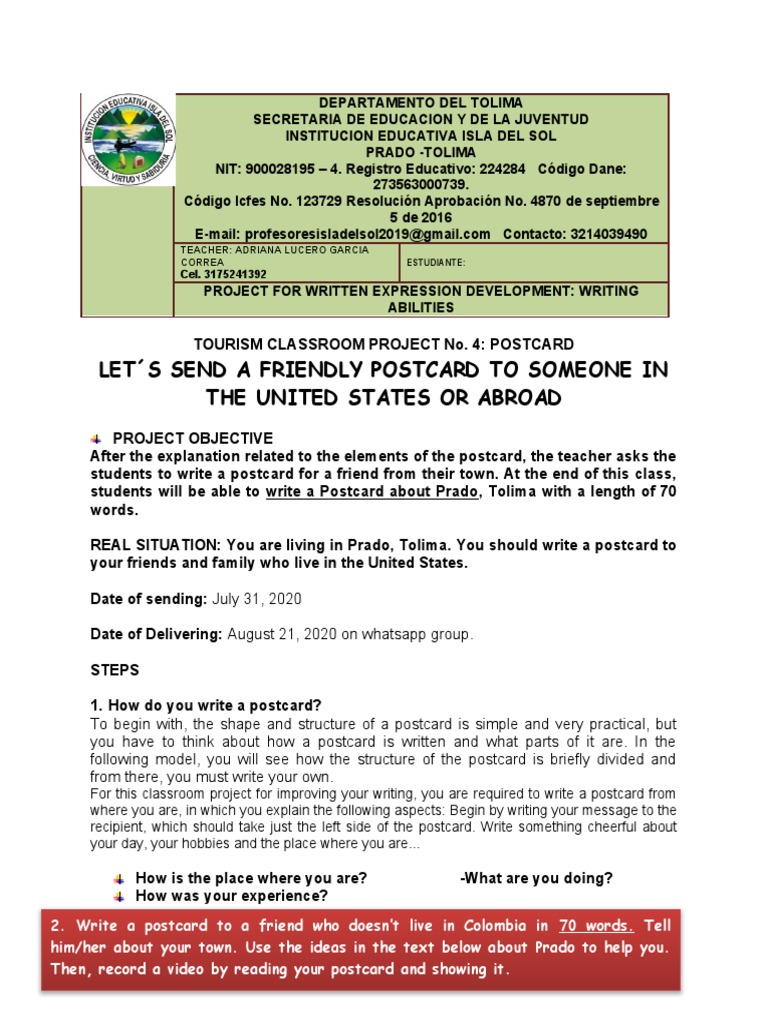 TOURISM CLASSROOM PROJECT No. 4 POSTCARD | PDF | Postcard