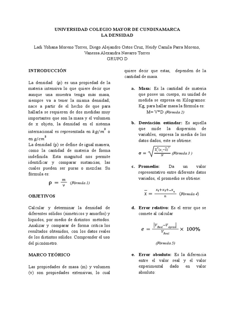 Informe De Laboratorio Densidad Pdf Densidad Desviación Estándar