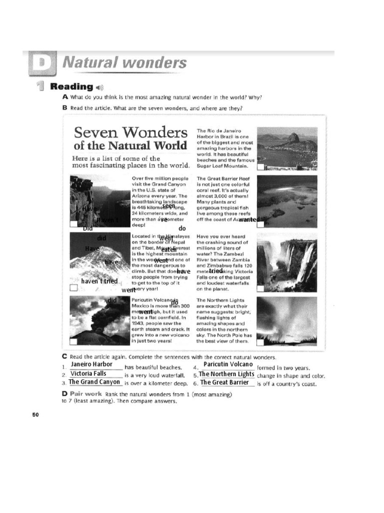 Página 50, Actividad 1 C - Reading Natural Wonders Seven Wonders of The ...
