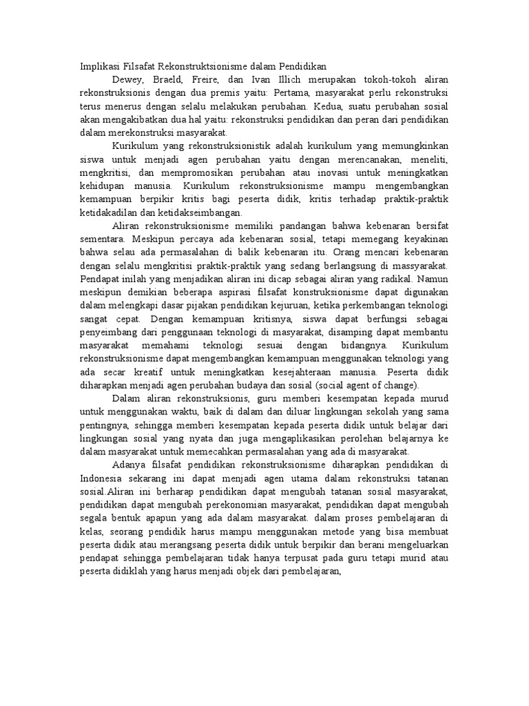 Implikasi Filsafat Rekonstruktsionisme Dalam Pendidikan | PDF