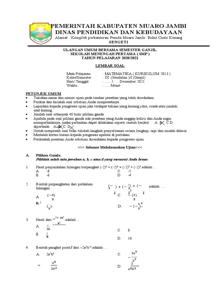 Soal Us MTK KLS 9 | PDF