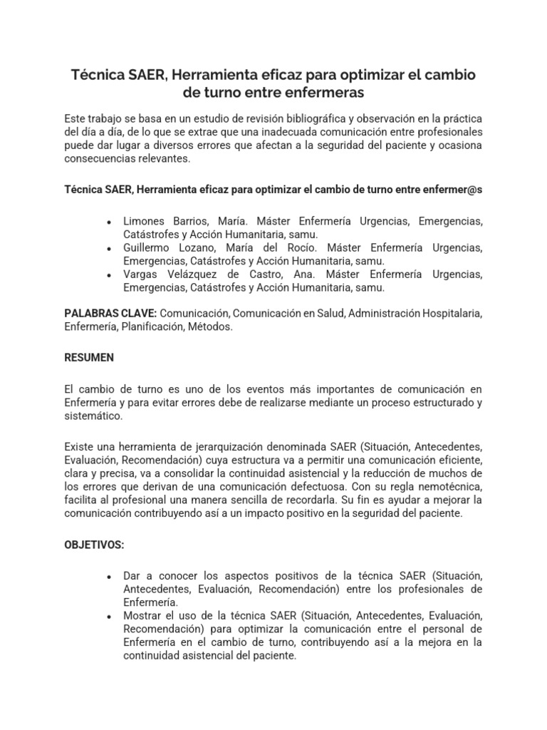 Optimizando la comunicación entre enfermeras: La técnica SAER como herramienta eficaz para el ...