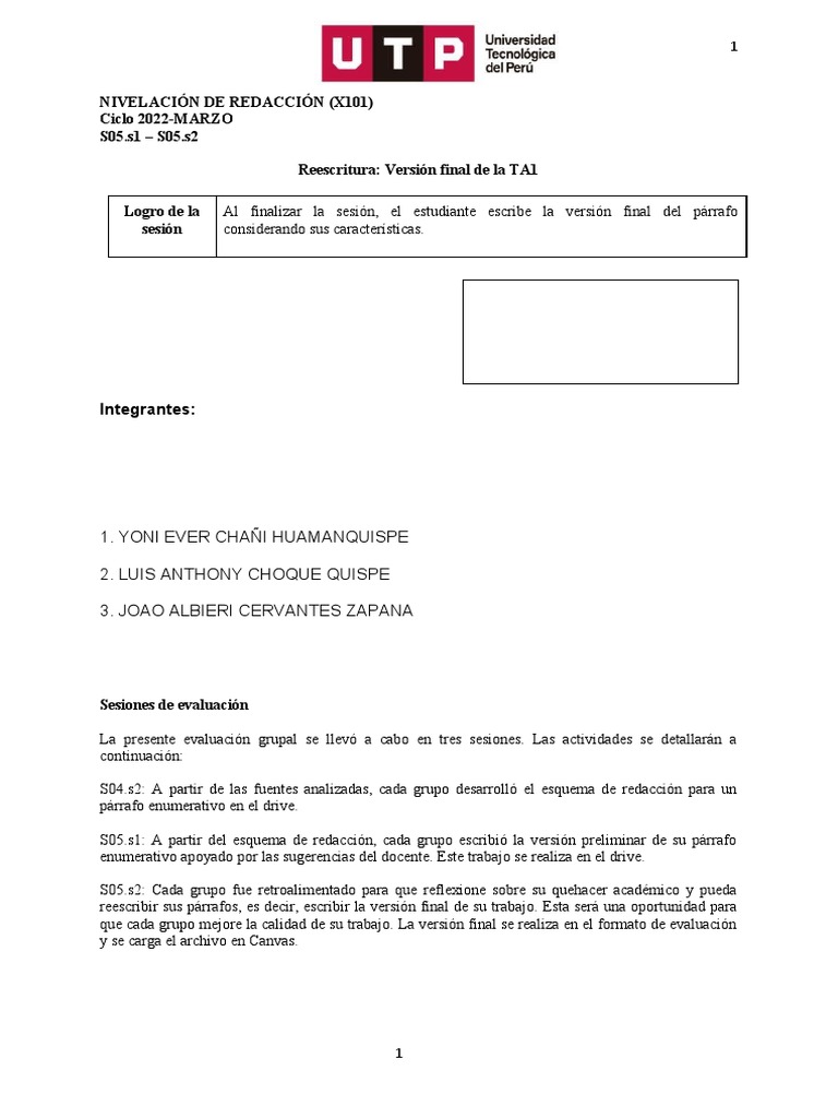 S05.s2 - Plantilla de La TA1 (Formato UTP) | PDF