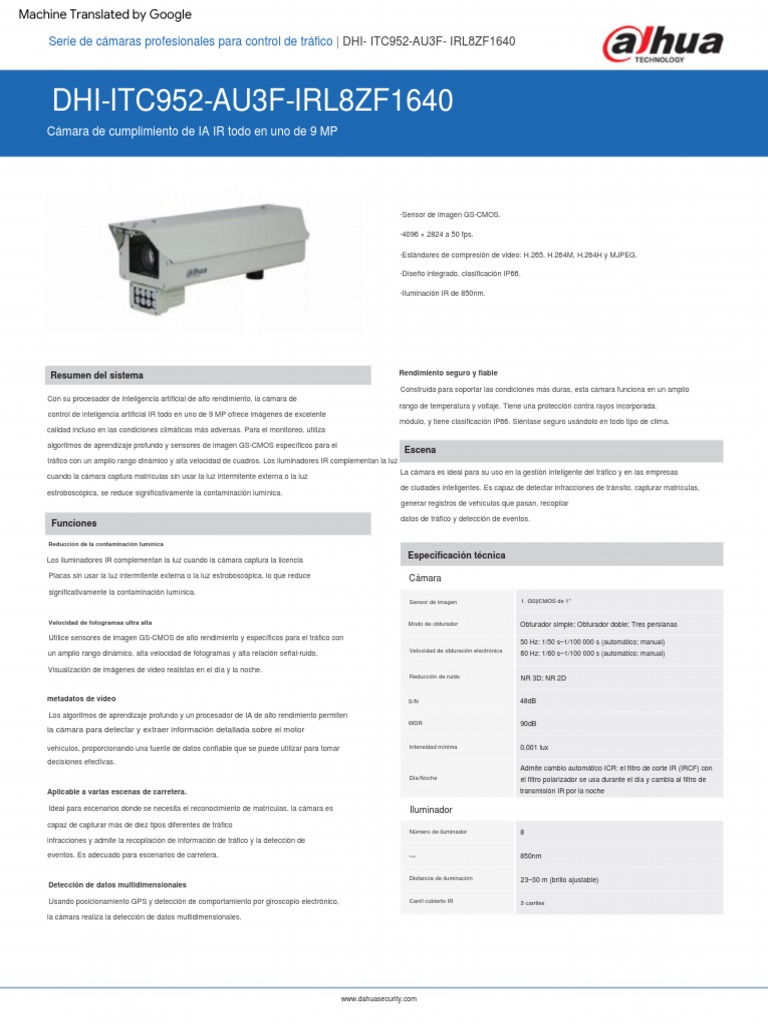 Camera ITC952 AU3F IRL8ZF1640 - Datasheet Es | PDF | Vídeo | Inteligencia artificial