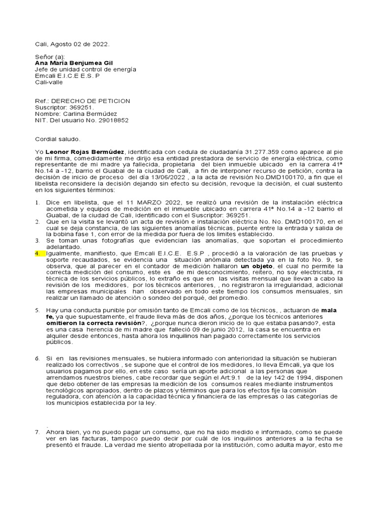 Derecho de Peticion Emcali | PDF