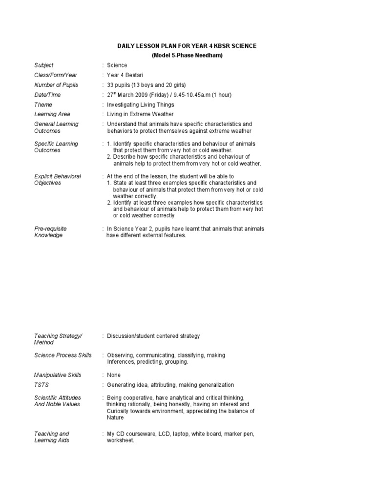 Year 4 Science Lesson Plan: Animals in Weather | PDF | Lesson Plan ...