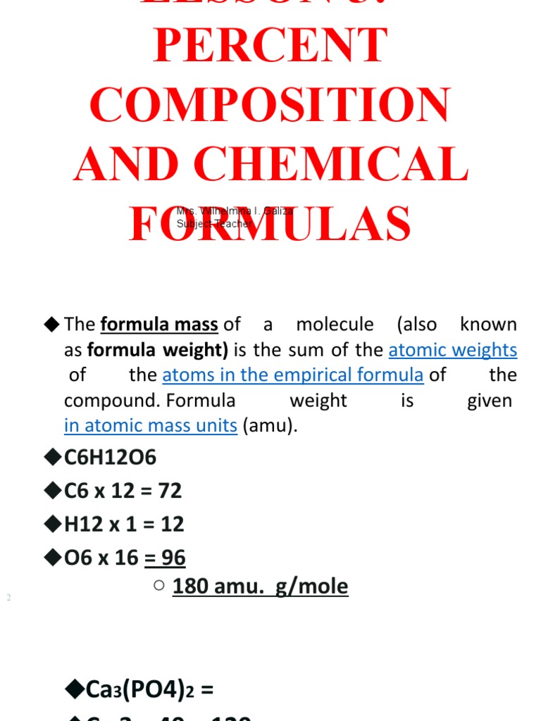 Lesson 5 6 Formula Mass Percent Composition Limiting Excess Reagents ...