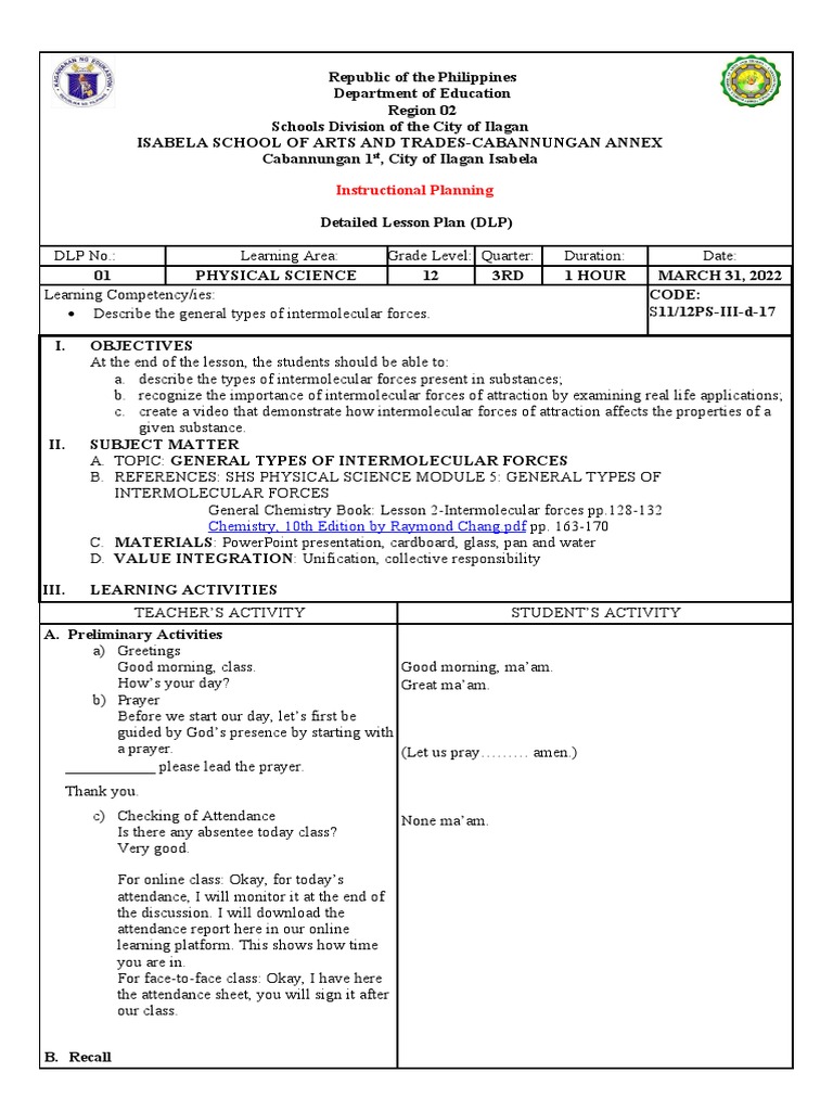 Intermolecular Forces Lesson Plan | PDF | Chemical Bond | Chemical Polarity