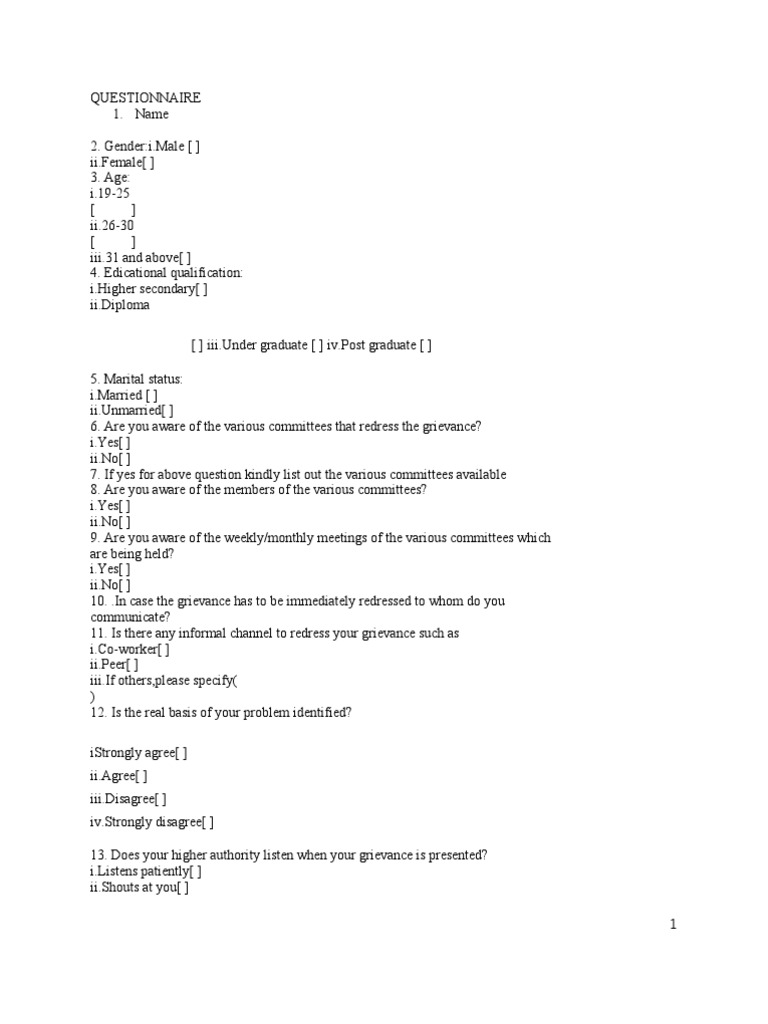 Grievance Handling Questionnaire | PDF | Behavioural Sciences | Business