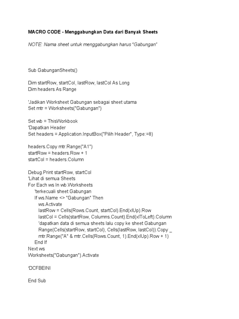 MACRO CODE - Menggabungkan Data Dari Banyak Sheets | PDF