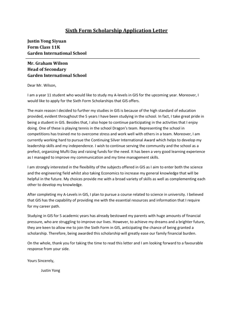 Sixth Form Scholarship Application Letter | PDF
