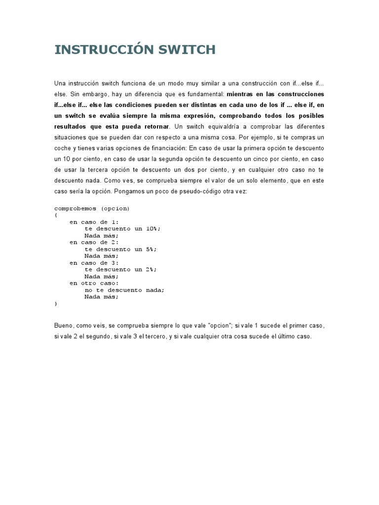 Instrucción Switch | PDF | C ++ | Lenguaje de programación