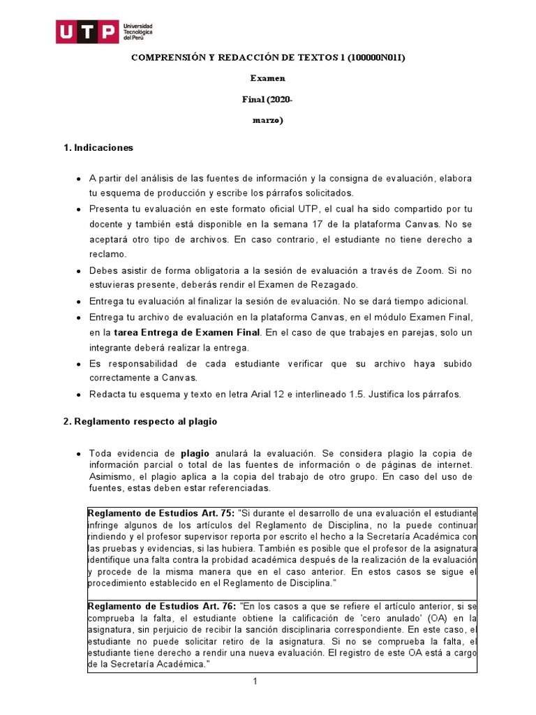 100000N01I COMPRENSIÓN Y REDACCIÓN DE TEXTOS 1-EXAMEN FINAL (Formato Oficial UTP) | PDF | Prueba ...