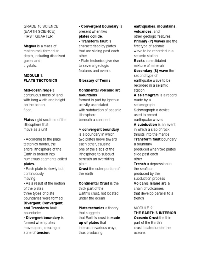 Grade 10 First Quarter Summary | PDF | Plate Tectonics | Earth