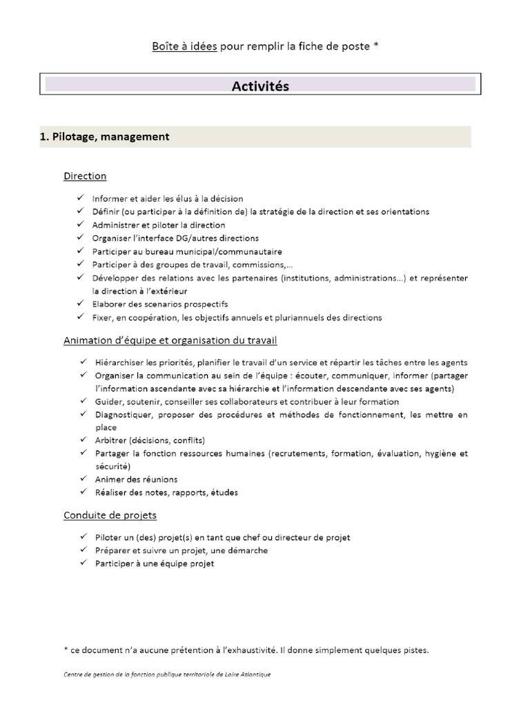 Activités. Boîte À Idées Pour Remplir La Fiche de Poste - Direction. Animation D Équipe Et ...