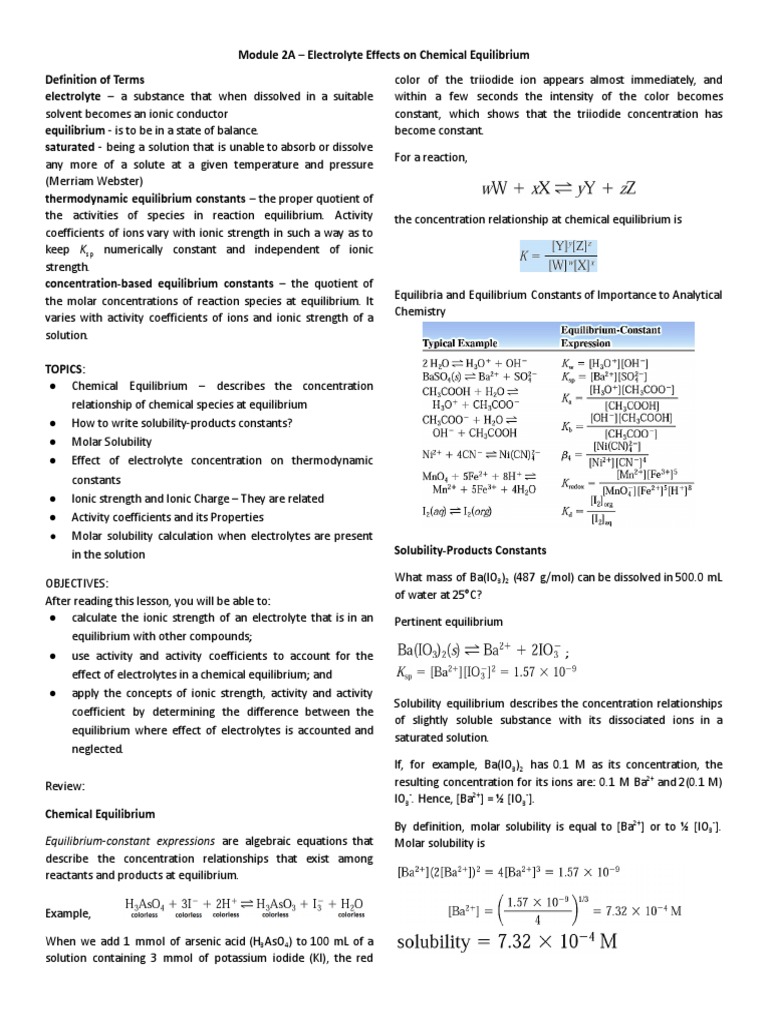 Module 2A Notes - Effect of Electrolytes On Chemical Equilibrium | PDF ...