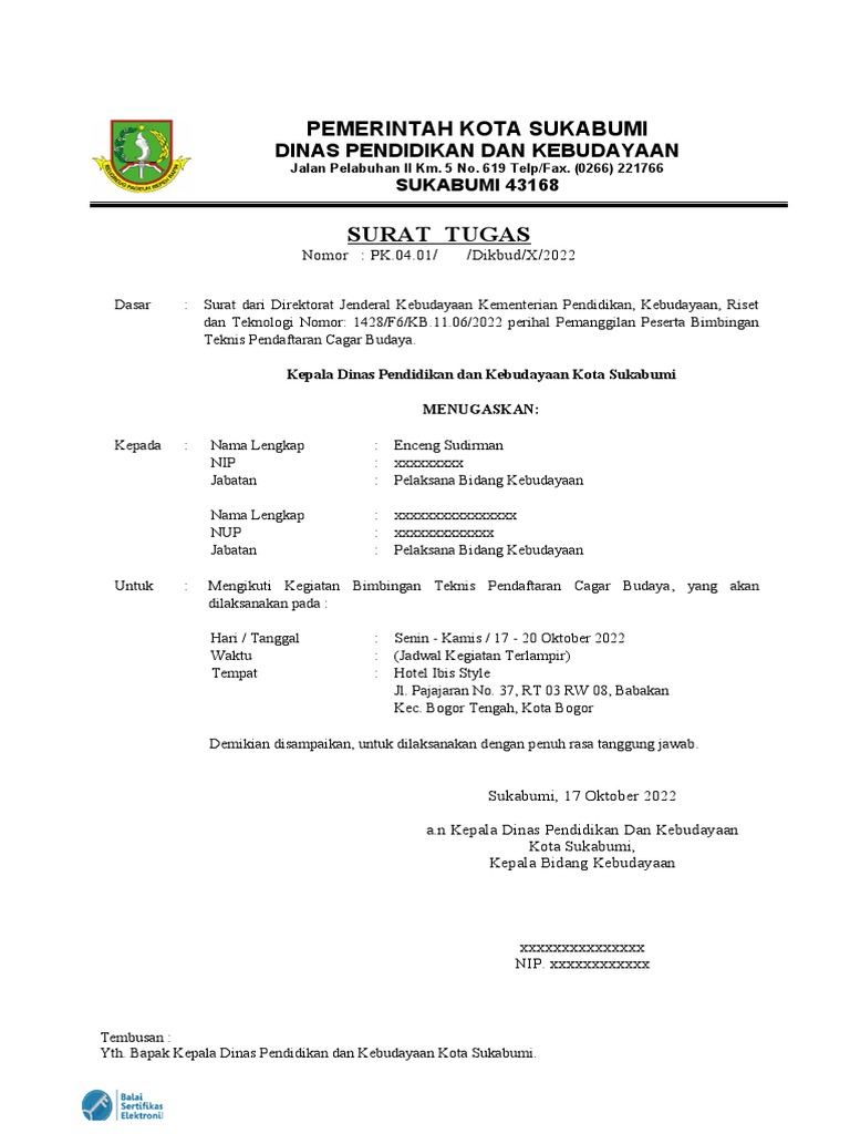 Contoh Surat Tugas Dinas P Dan K Kota Sukabumi | PDF