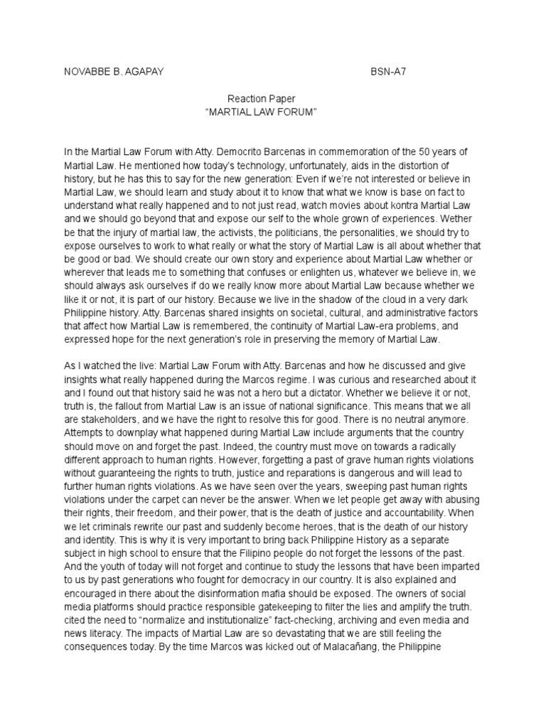 Martial Law Reaction Paper | PDF