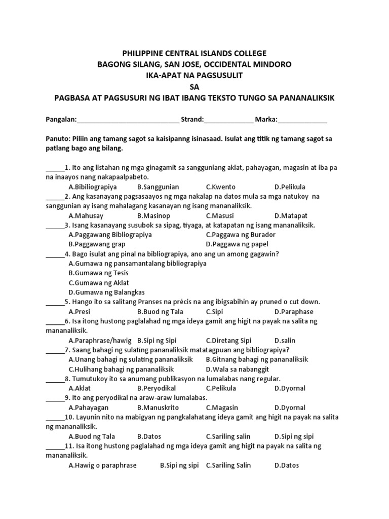 4 PAGBASA AT PAGSUSURI NG IBAT IBANG TEKSTO Exam | PDF