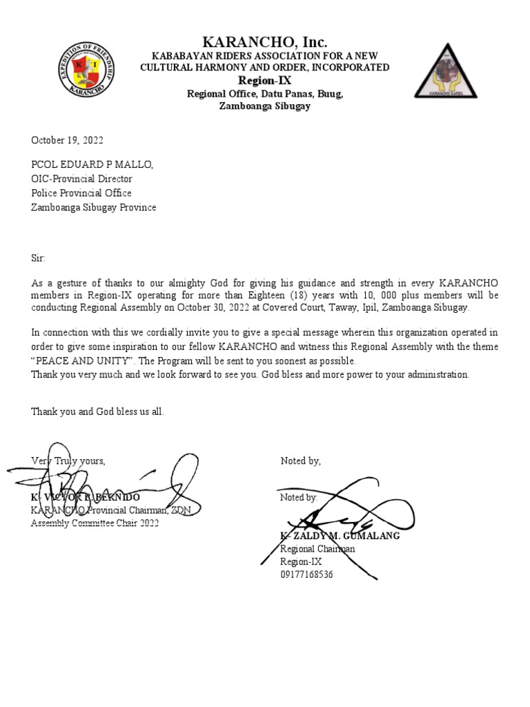 KARANCHO Invitation Letter PNP | PDF