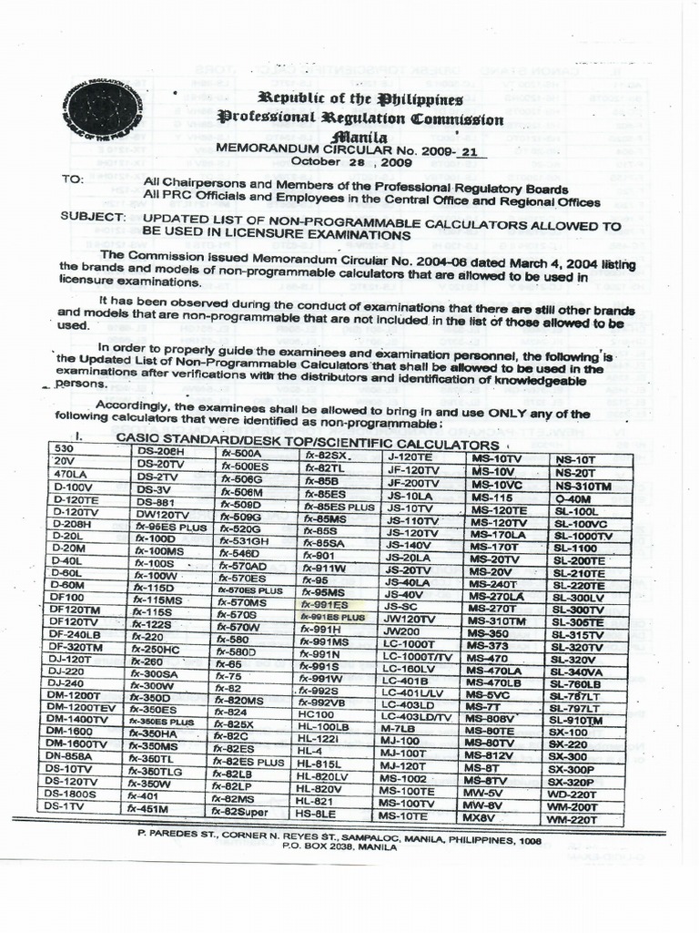 Calculator_Memo._circular_2009-21_list_of_calculators | PDF