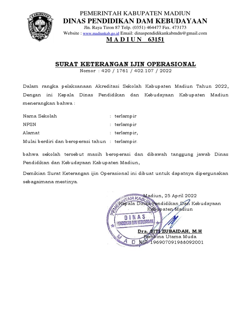 Surat Keterangan Ijin Operasional | PDF