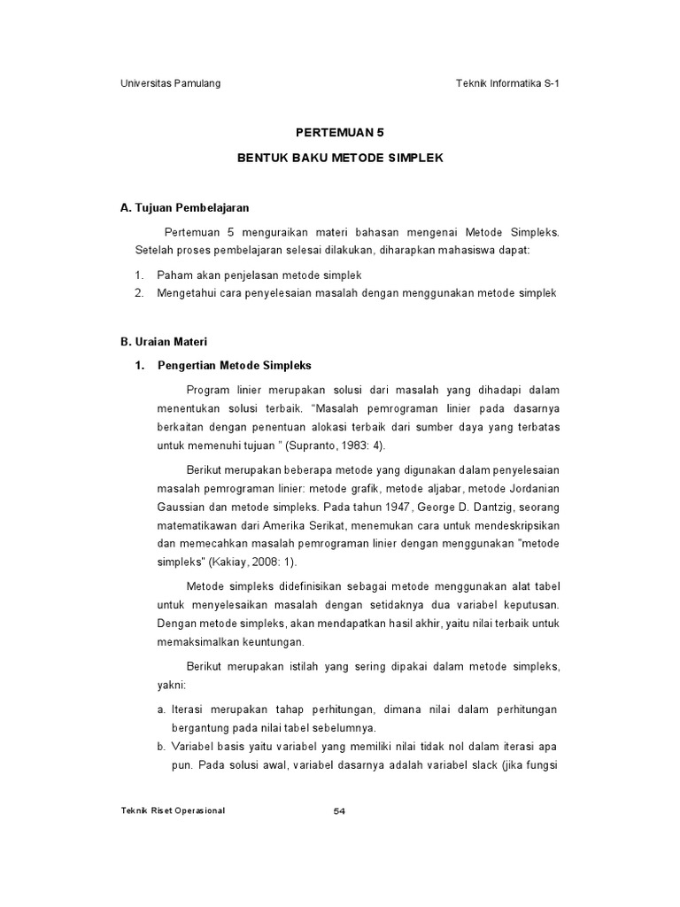 TPL0462 - Pertemuan Ke-5 - Bentuk Baku Metode Simplek | PDF | Metode & Bahan Ajar