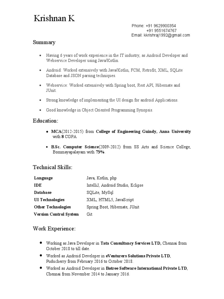 KRISHNANK7Yrs - Senioer Java Dev - Chennai | PDF | Android (Operating System) | Web Service