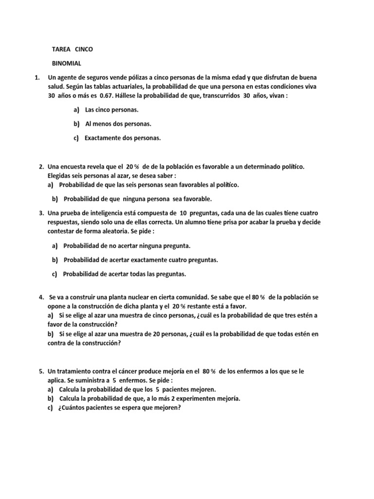 Tarea 5 Binomial | PDF | Probabilidad