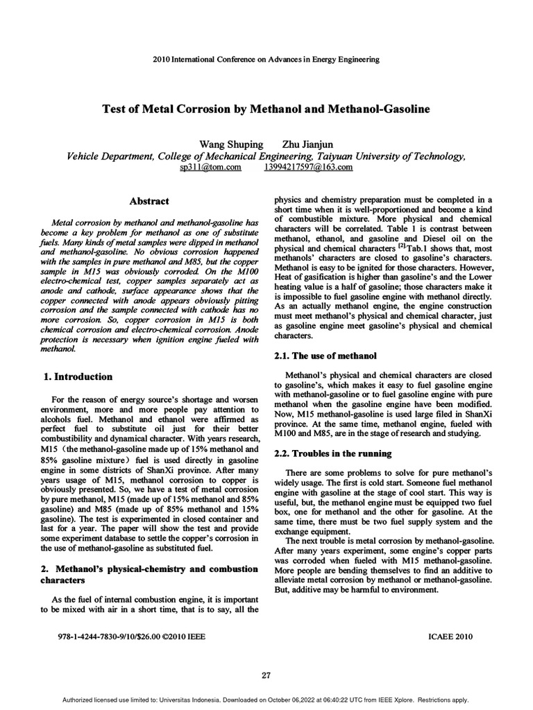 Test of Metal Corrosion by Methanol and Methanol-Gasoline | PDF ...
