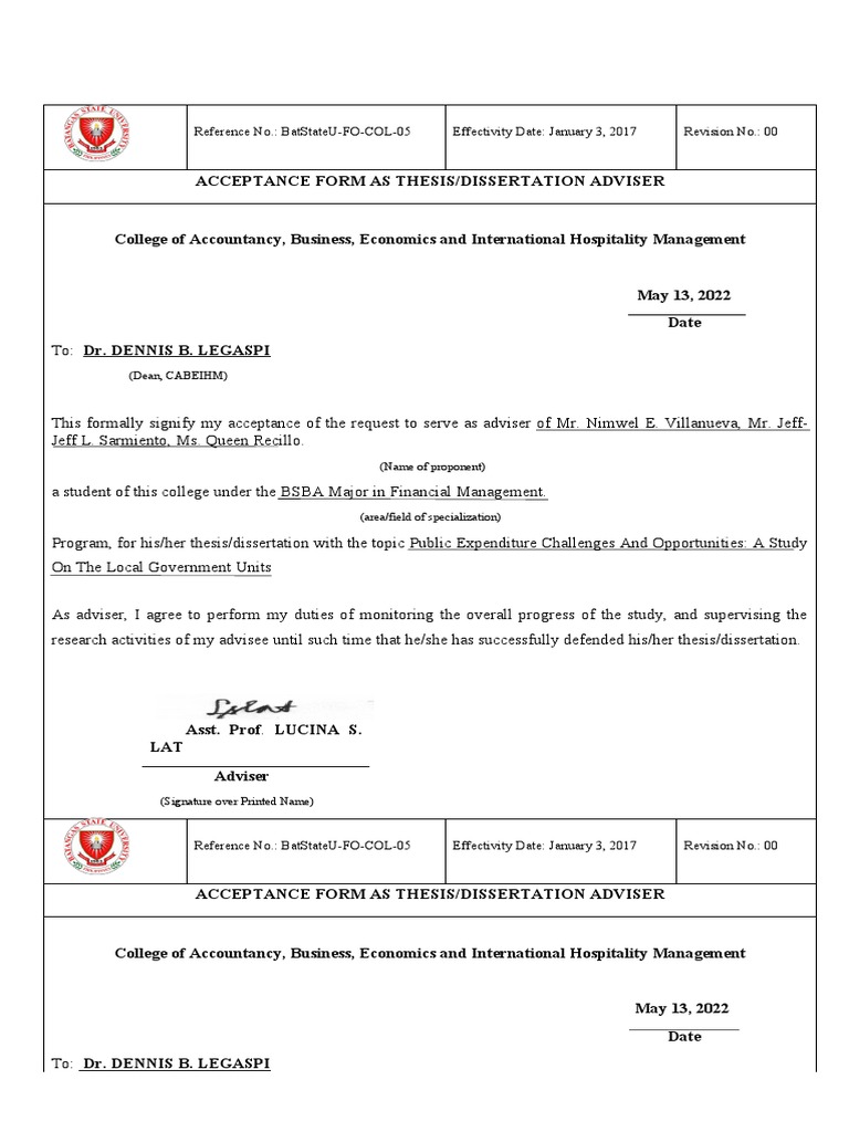 BatStateU FO COL 05 Acceptance Form Thesis Dissertation Adviser | PDF | Thesis | Science