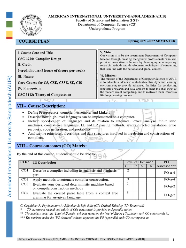 CSC 3216 COMPILER DESIGN Course Outline Spring-21-22 | PDF | Parsing ...
