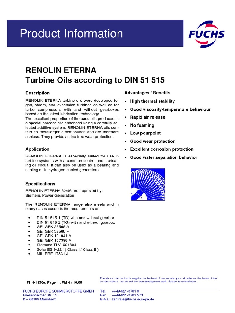 RENOLIN ETERNA Turbine Oils Overview | PDF | Lubricant | Motor Oil