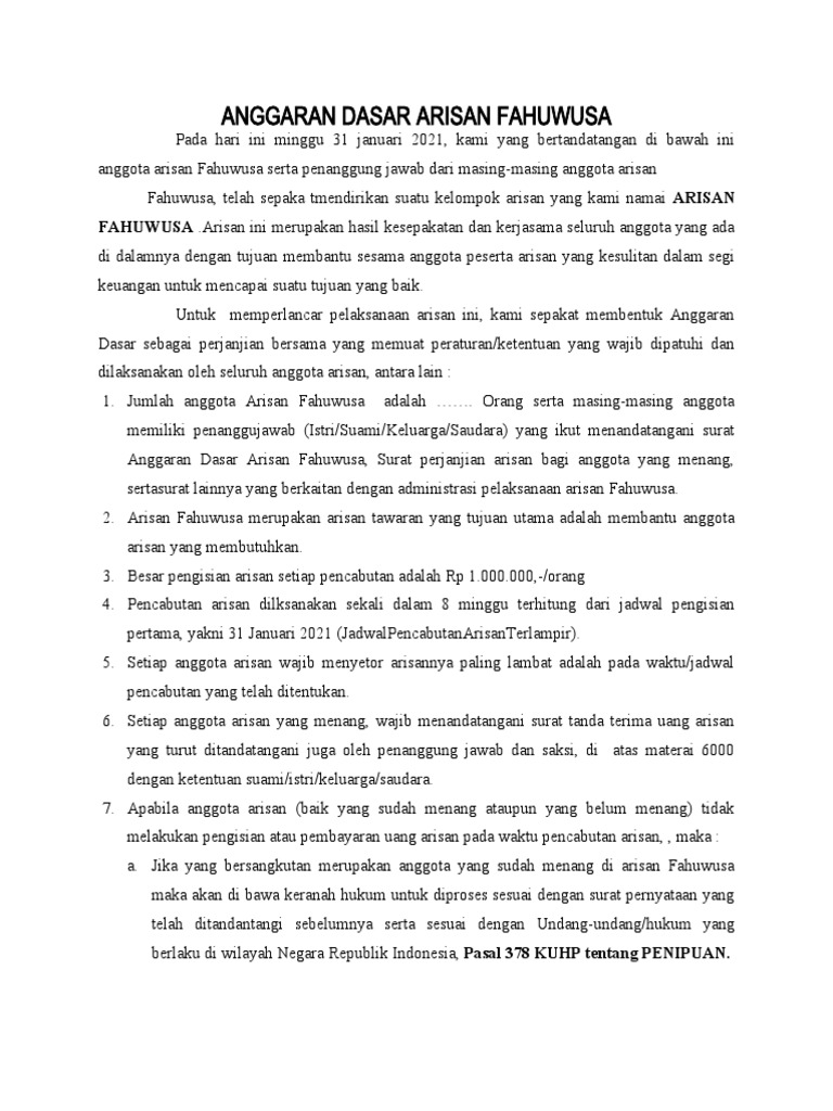 Anggaran Dasar Arisan Fahuwusa | PDF