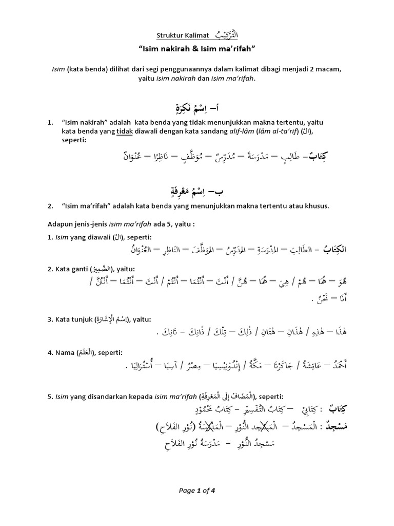 Pengayaan KD 1-3 Struktur Kalimat - Kaidah - Isim Nakirah & Isim Makrifah | PDF